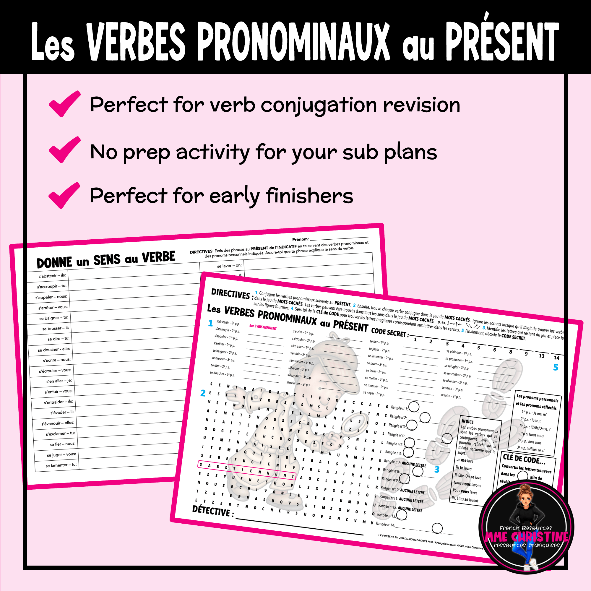 VERBES pronominaux au présent - Activité de mots cachés 10 – French ...