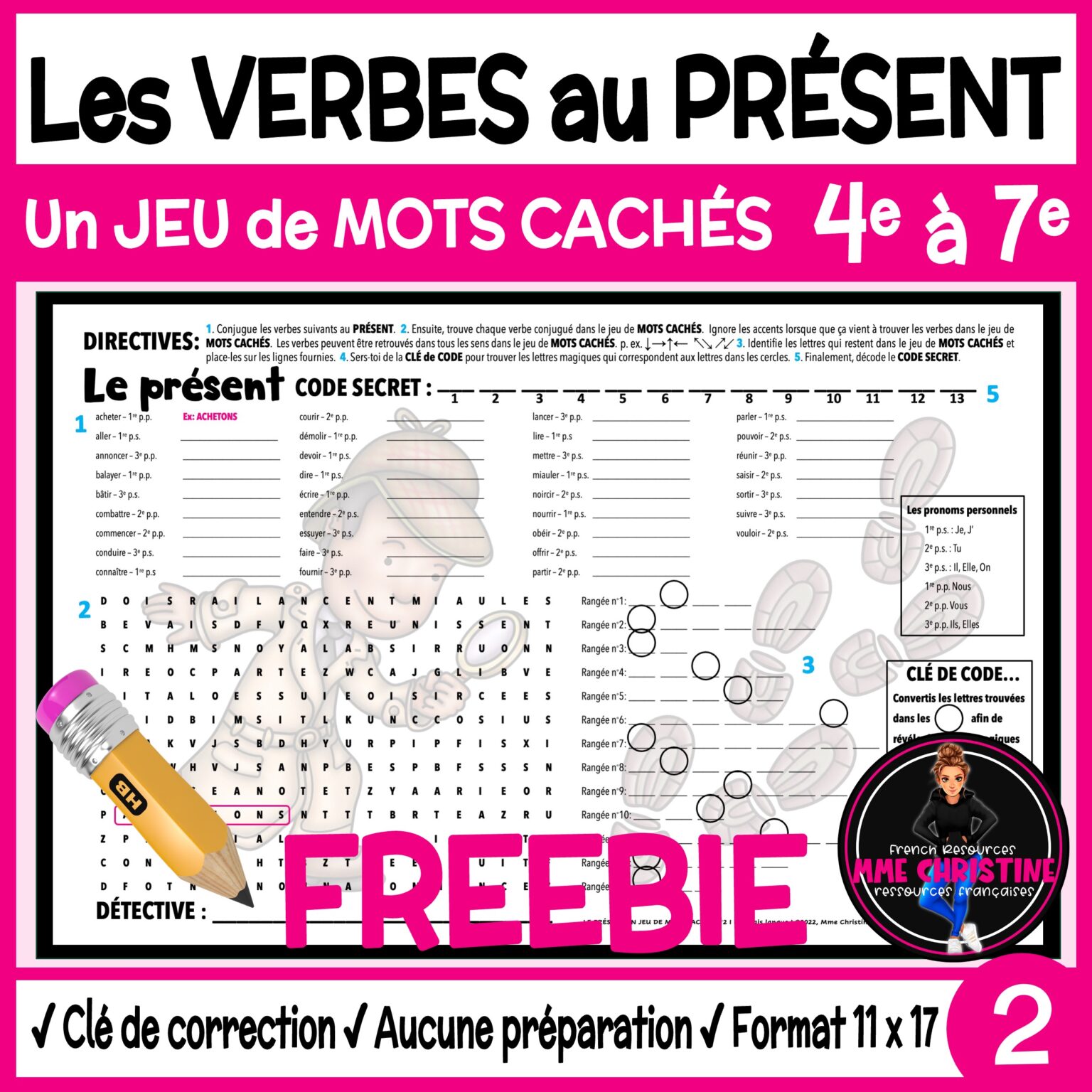 VERBES au PRÉSENT - 4 cahiers d'exercices et 8 activités de mots cachés ...