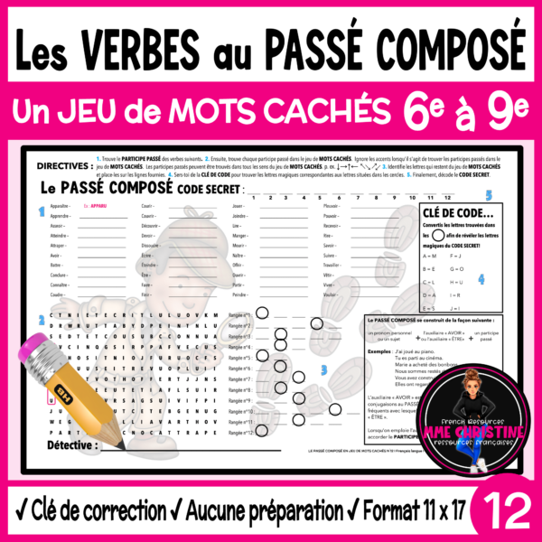 VERBES au PASSÉ COMPOSÉ - Activité de mots cachés 12 – Past Tense ...