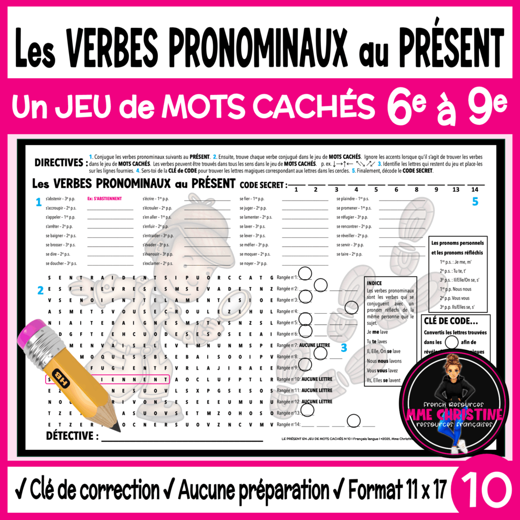 VERBES pronominaux au présent - Activité de mots cachés 10 – French ...