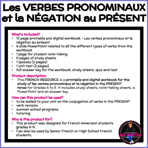 VERBES PRONOMINAUX et la NÉGATION - Cahier d'exercices - Present Tense ...