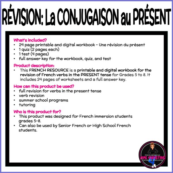 VERBES au PRÉSENT une RÉVISION - Cahier d'exercices - French Verbs ...