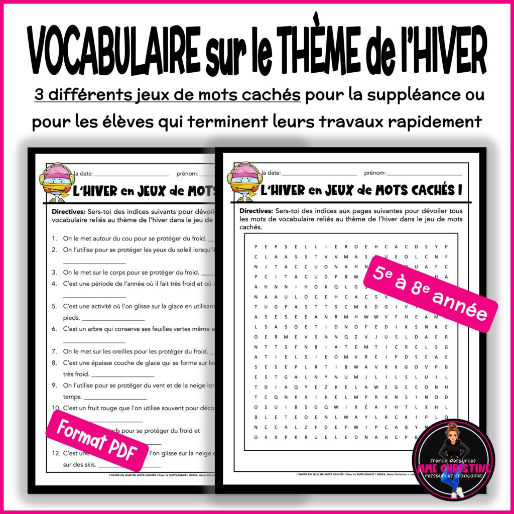 Activitiés de vocabulaire d'hiver - 3 Mots cachés - French Vocabulary ...