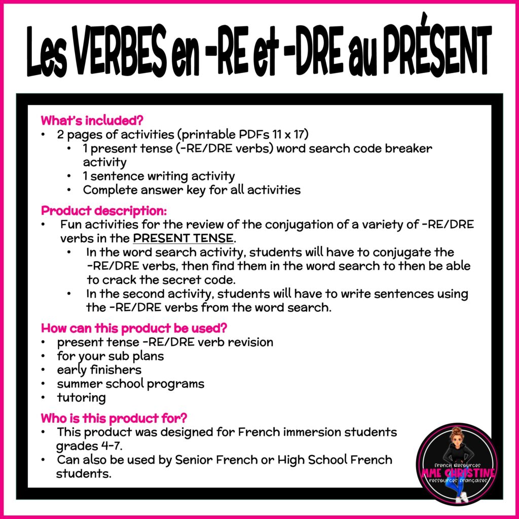 VERBES en RE au présent - Activité de mots cachés 6 – French RE Verbs ...