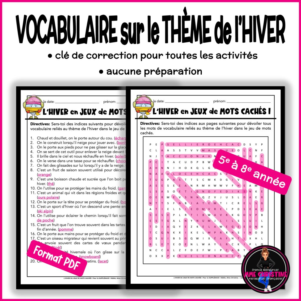 Activitiés de vocabulaire d'hiver - 3 Mots cachés - French Vocabulary ...