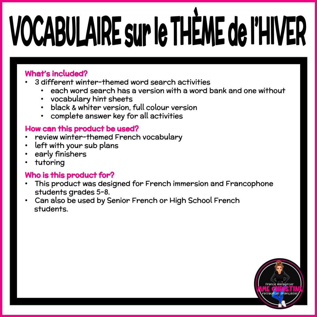 Activitiés de vocabulaire d'hiver - 3 Mots cachés - French Vocabulary ...
